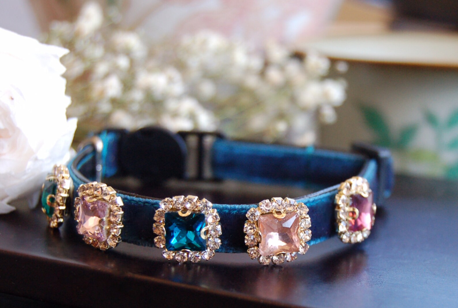 Wedding Cat Collar.beautiful Rhinestone Cat Collar, Peacock Blue Velvet ...