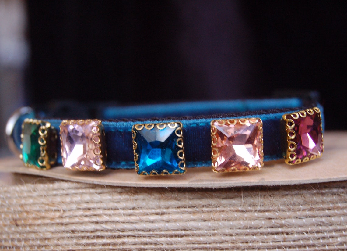 Beautiful rhinestone Cat collar cute peacock blue velvet | Etsy