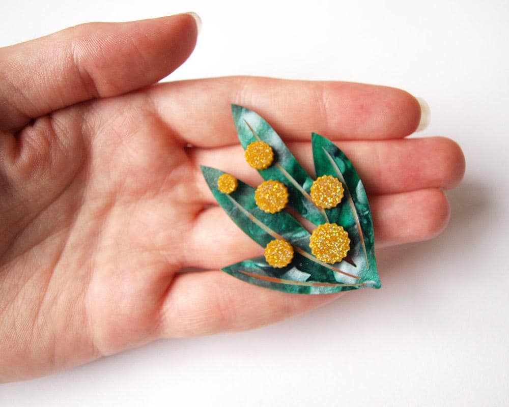 Golden Wattle Brooch in Swirly Green and Glittery Yellow Acrylic - Etsy ...