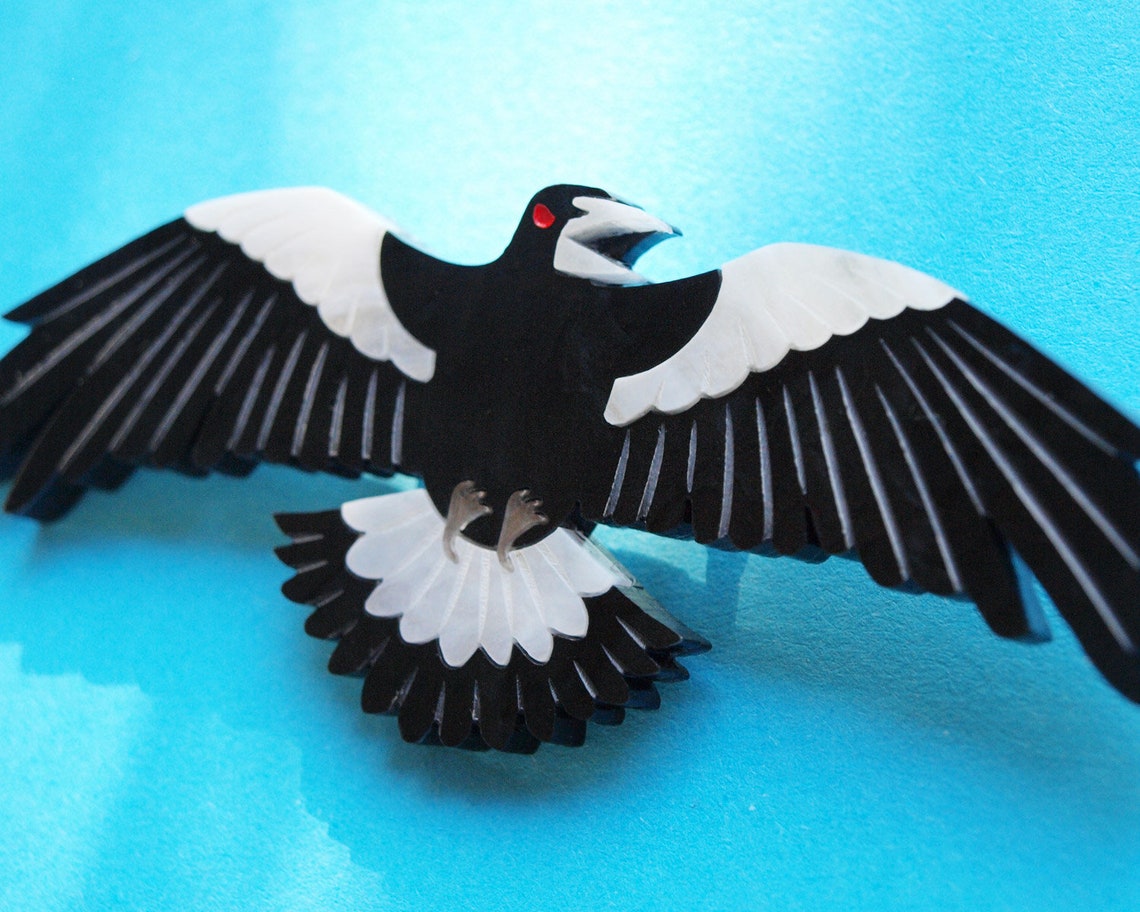 Swooping Magpie Brooch Black and White Laser Cut Acrylic - Etsy