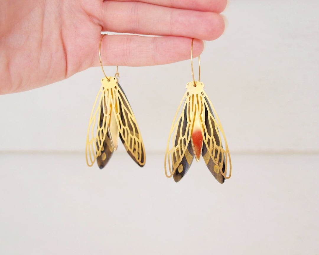 Brass Insect Hoop Earrings With Grey and Gold Laser Cut Acrylic - Etsy
