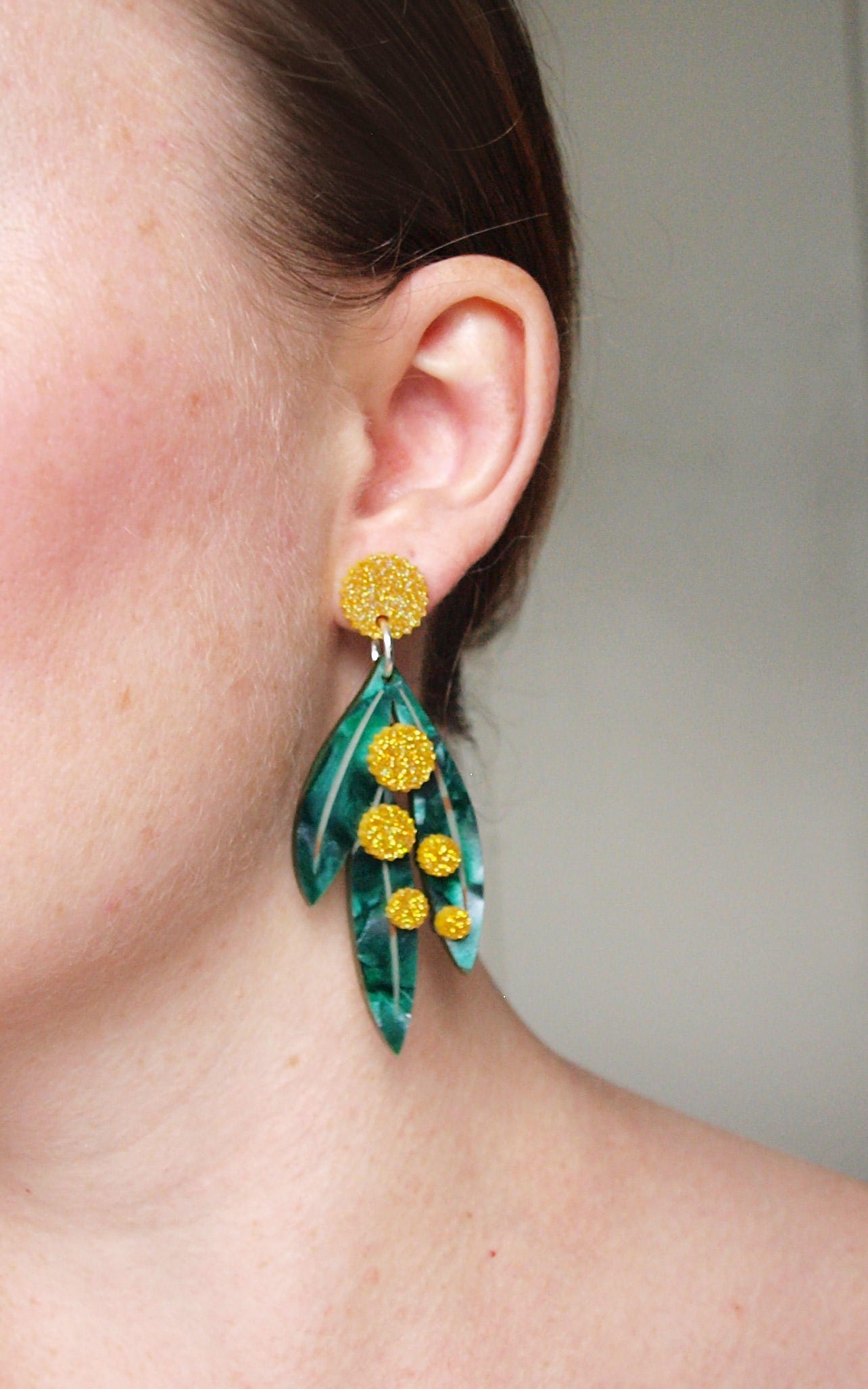 Golden Wattle Dangly Earrings in Swirly Green and Glittery - Etsy Australia