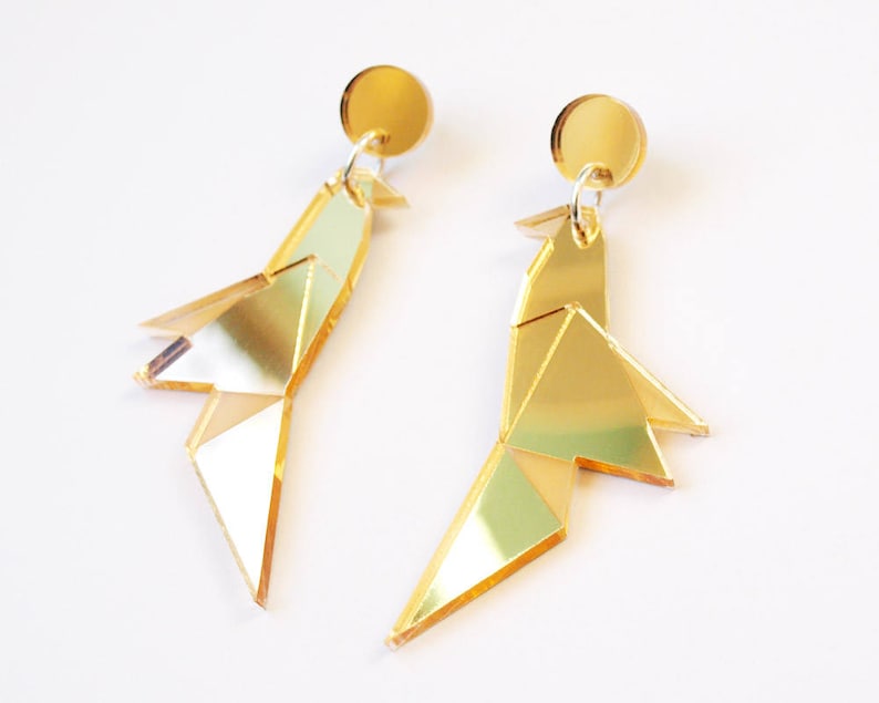 Origami Bird Dangles in Gold Mirror Acrylic | Etsy
