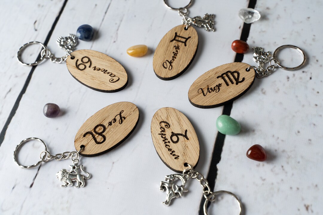 Star Sign Gift | Wooden Keyring | Zodiac Keyring | Zodiac Sign Element ...