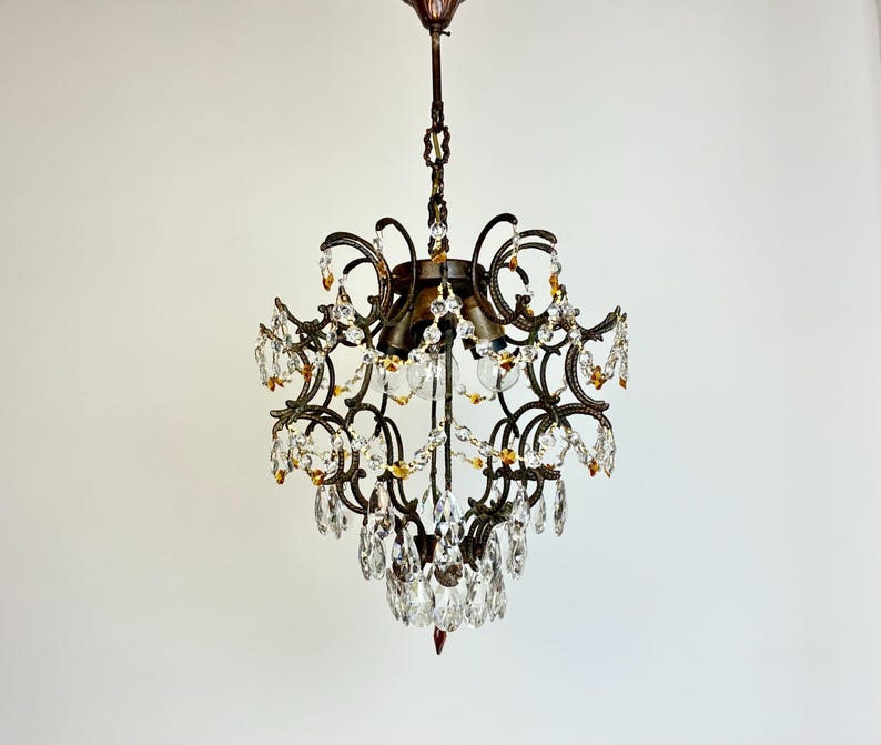 Antique Vintage 1960s Bronze Crystal Amber Chandelier – 3 Light Living ...