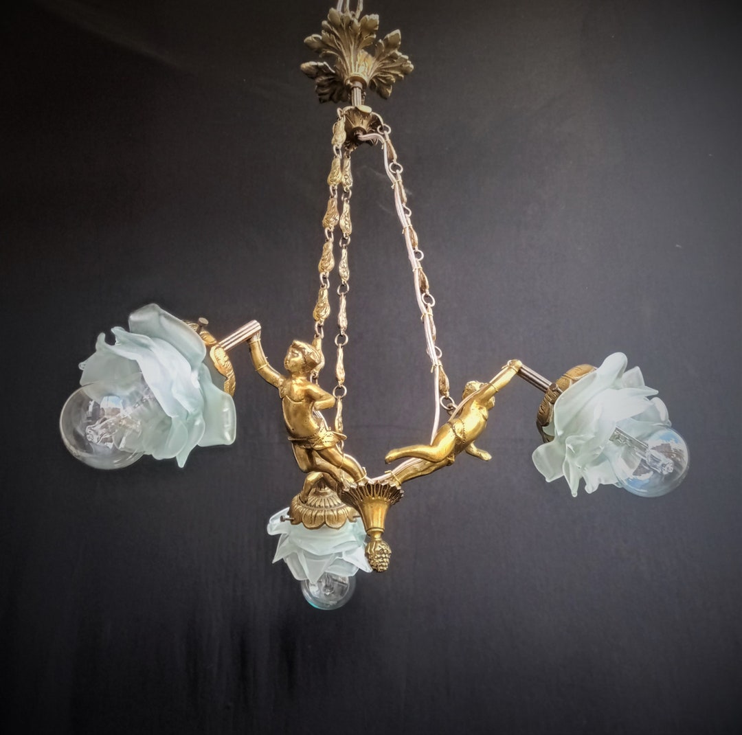 Angel Brass Antique French Vintage Angel Lights Crystal Chandelier ...