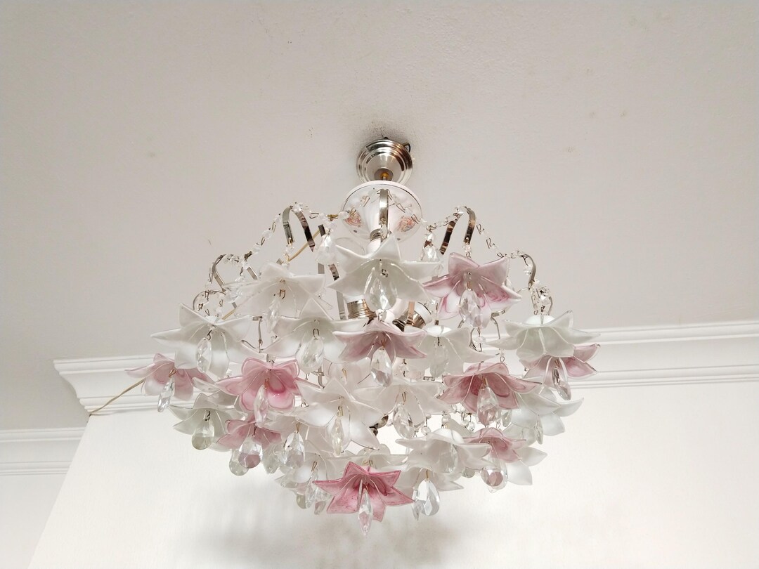Vintage Murano Milk White Glass Pink Chandelier With Crystals 80s Art ...