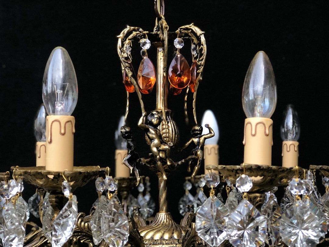 Brass Antique French Vintage Angel Rococo&cherub 10 Lights Cut Crystal ...