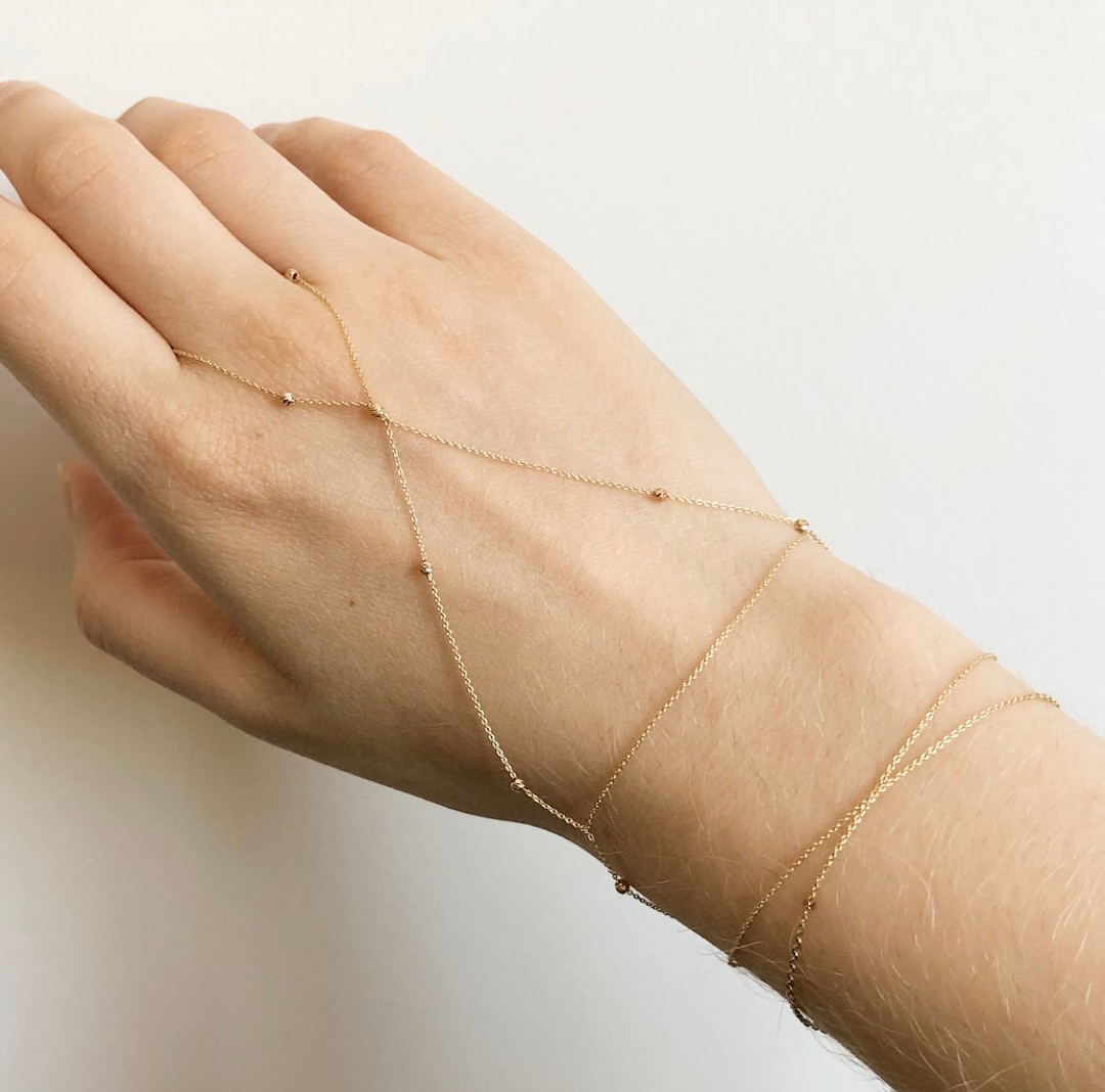 14K Solid Gold Hand Chain Bracelet, Gold Wrap Bracelet, Adjustable ...