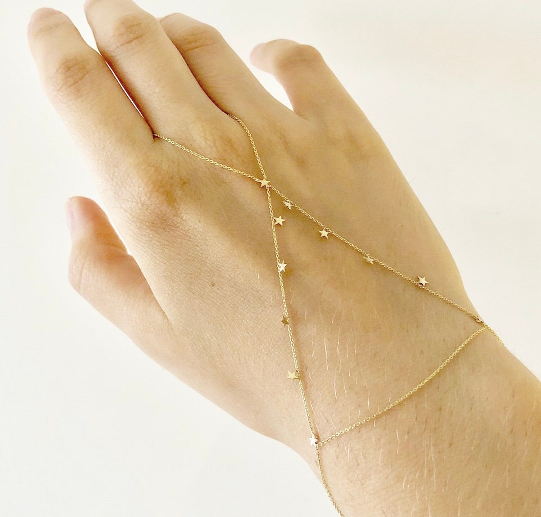 14k Gold Star Slave Bracelet Solid Gold Hand Chain Bracelet Star ...