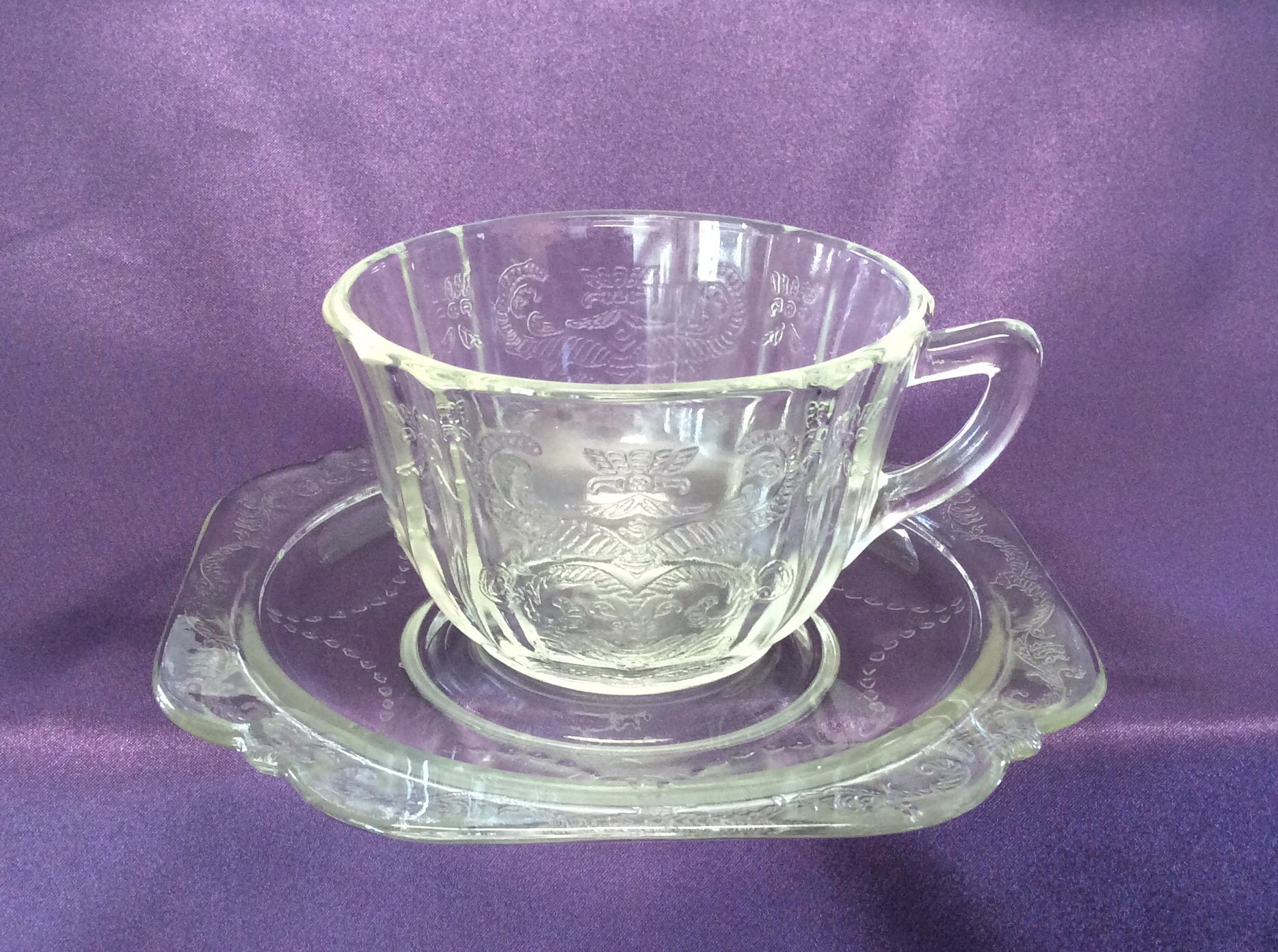 Vintage Square Etched Clear Glass Cups And Saucers Vintage Etched Glass Bridal Showers Tea