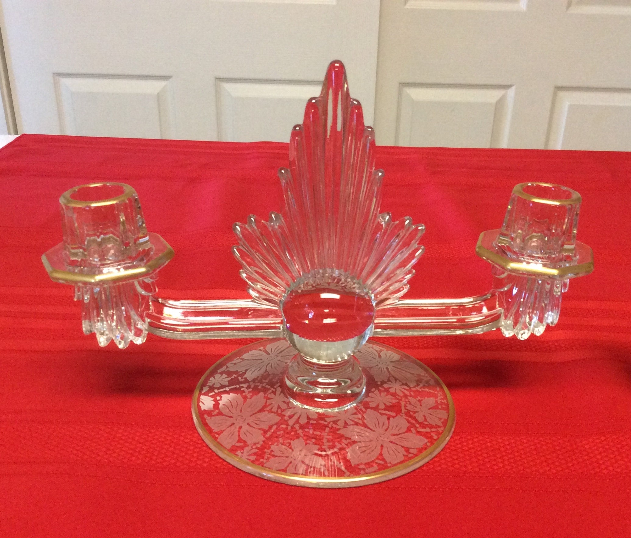 Art Deco Glass Fan Style Candlesticks With Etched Base & Gold | Etsy