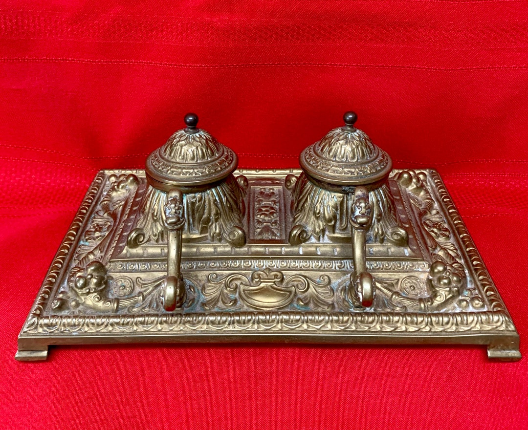 Ornate Brass Double Inkwell, Desk Accessory, Calligraphy, Pen and Ink ...