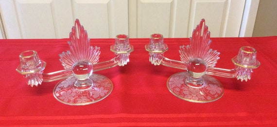 Art Deco Glass Fan Style Candlesticks With Etched Base & Gold - Etsy