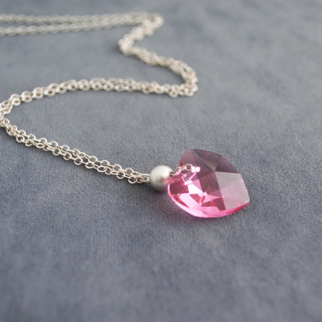 Pink Crystal Heart Necklace, Swarovski Crystal Jewelry, Pink Pendant ...