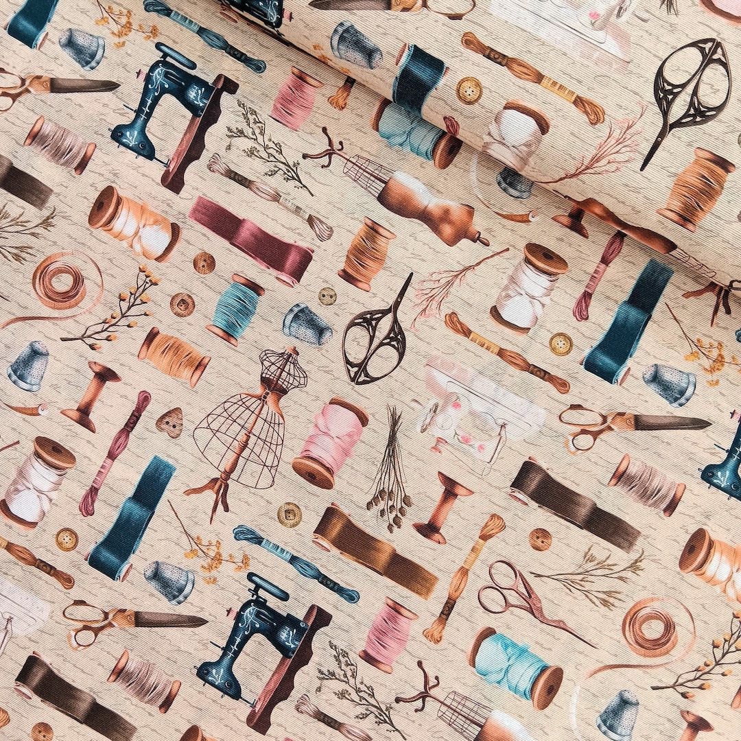 Decorative Fabric With Nostalgic Sewing Motifs 15.90eur/meter, Woven ...