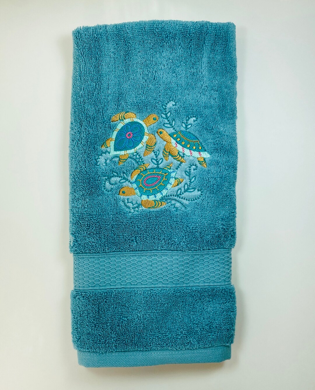 Three Turtles Design on Teal Hand Towel - Etsy