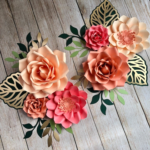 Coral Peach Large Paper Roses Flowers Wall Decor 6 Piece Set | Etsy