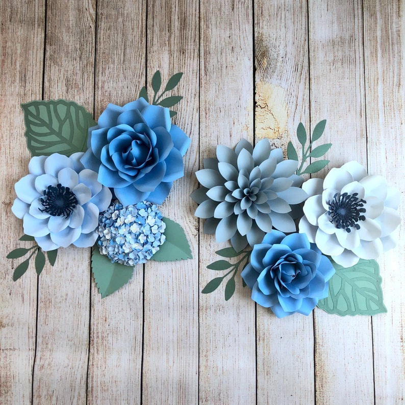 Boho Paper Flowers Blue Tones Wall Decor - 6 Piece Set - Boho Flowers ...