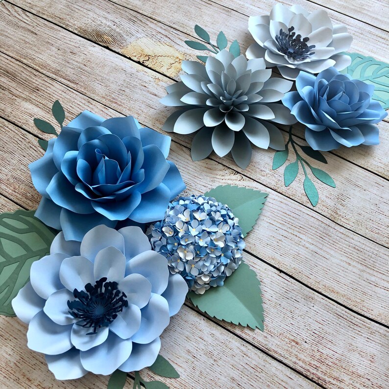 Boho Paper Flowers Blue Tones Wall Decor 6 Piece Set Boho - Etsy