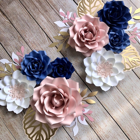 Pink Navy Blue White Large Paper Flowers Wall Decor 8 Piece | Etsy