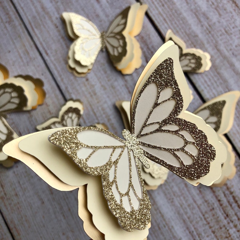 3D Gold Glitter Butterflies - Set of 6 / Golden Butterflies Wall Decor ...