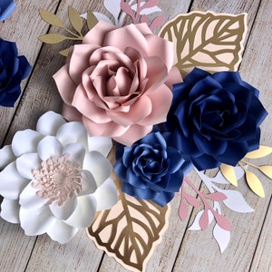 Pink Navy Blue White Large Paper Flowers Wall Decor - 8 Piece Set ...