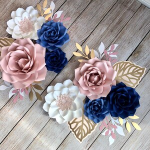 Pink Navy Blue White Large Paper Flowers Wall Decor - 8 Piece Set ...