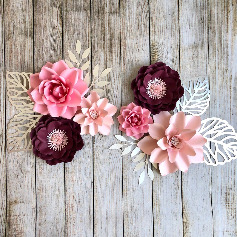 Pink and Burgundy Paper Flowers Backdrop 6 piece set Pink | Etsy