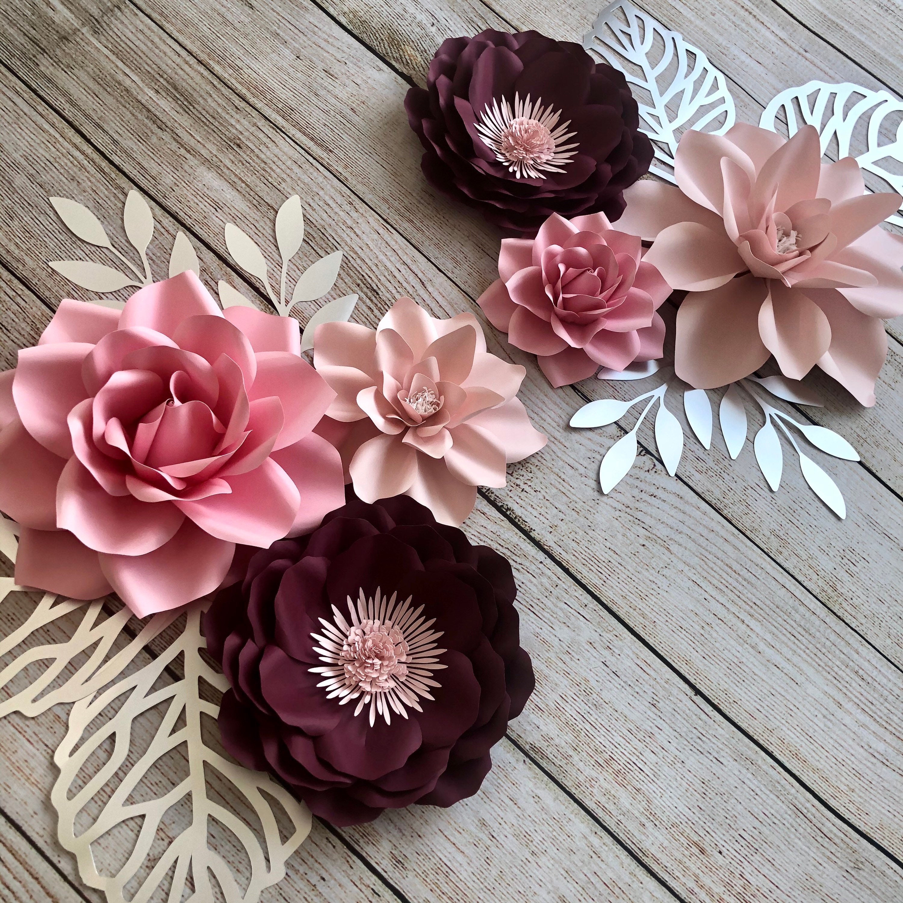 Pink and Burgundy Paper Flowers Backdrop - 6 Piece Set - Pink Fall ...