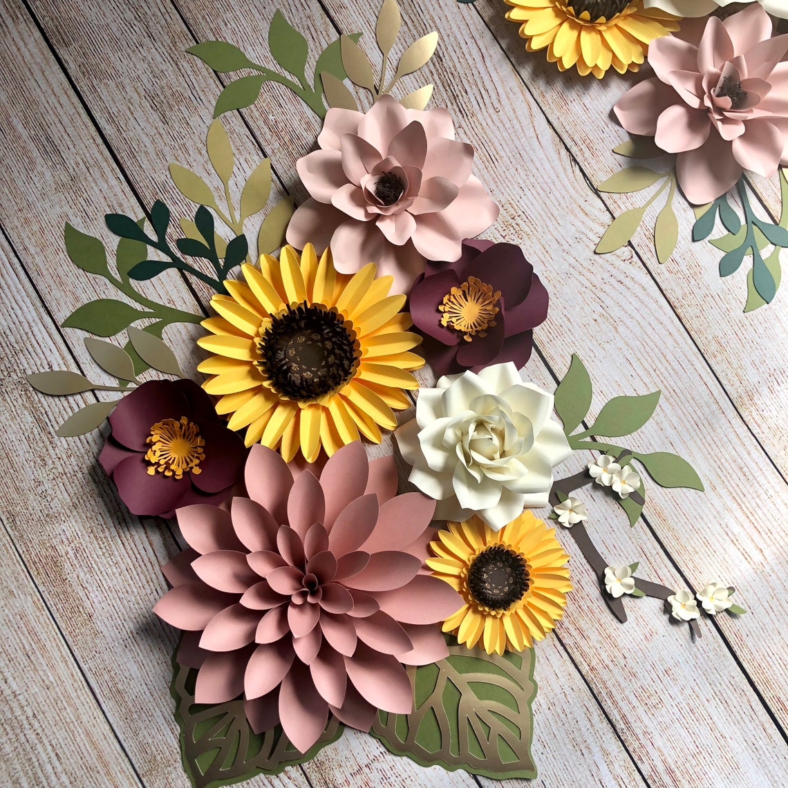 Boho Fall Paper Flowers Pink Sunflower Wall Decor - 11 Piece Set - Boho ...