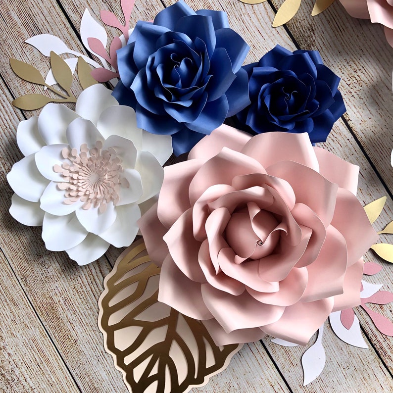 Pink Navy Blue White Large Paper Flowers Wall Decor - 8 Piece Set ...