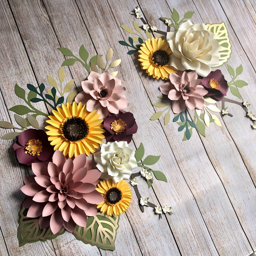 Boho Fall Paper Flowers Pink Sunflower Wall Decor - 11 Piece Set - Boho ...
