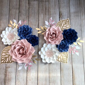 Pink Navy Blue White Large Paper Flowers Wall Decor - 8 Piece Set ...