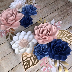 Pink Navy Blue White Large Paper Flowers Wall Decor - 8 Piece Set ...
