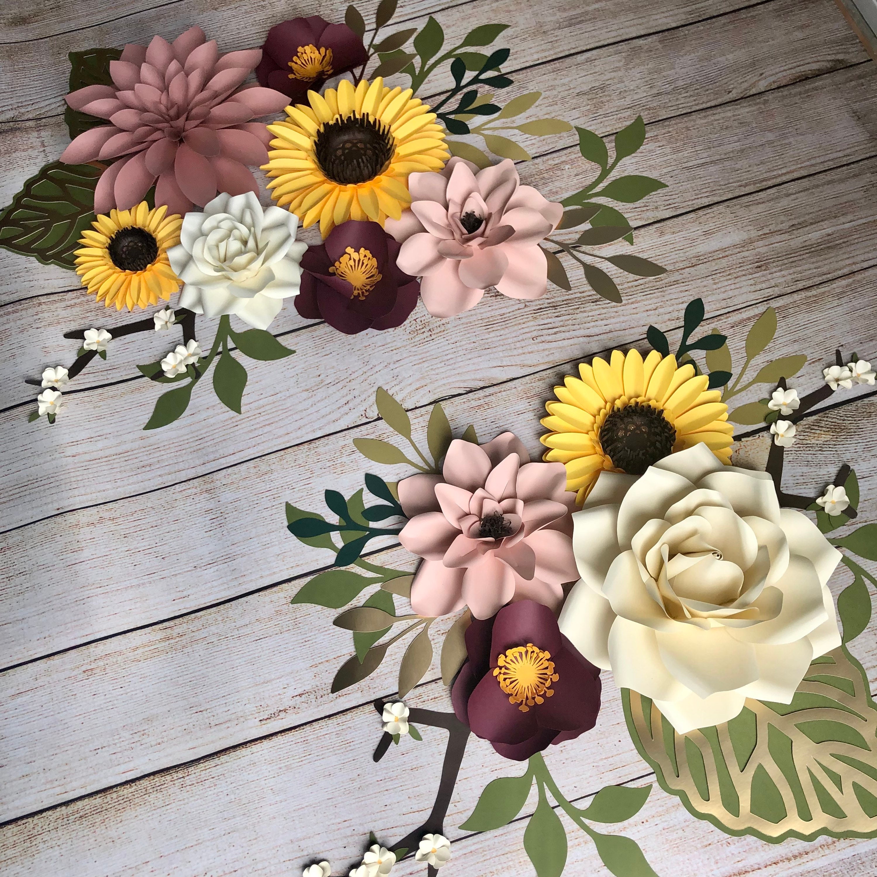 Boho Fall Paper Flowers Pink Sunflower Wall Decor - 11 Piece Set - Boho ...