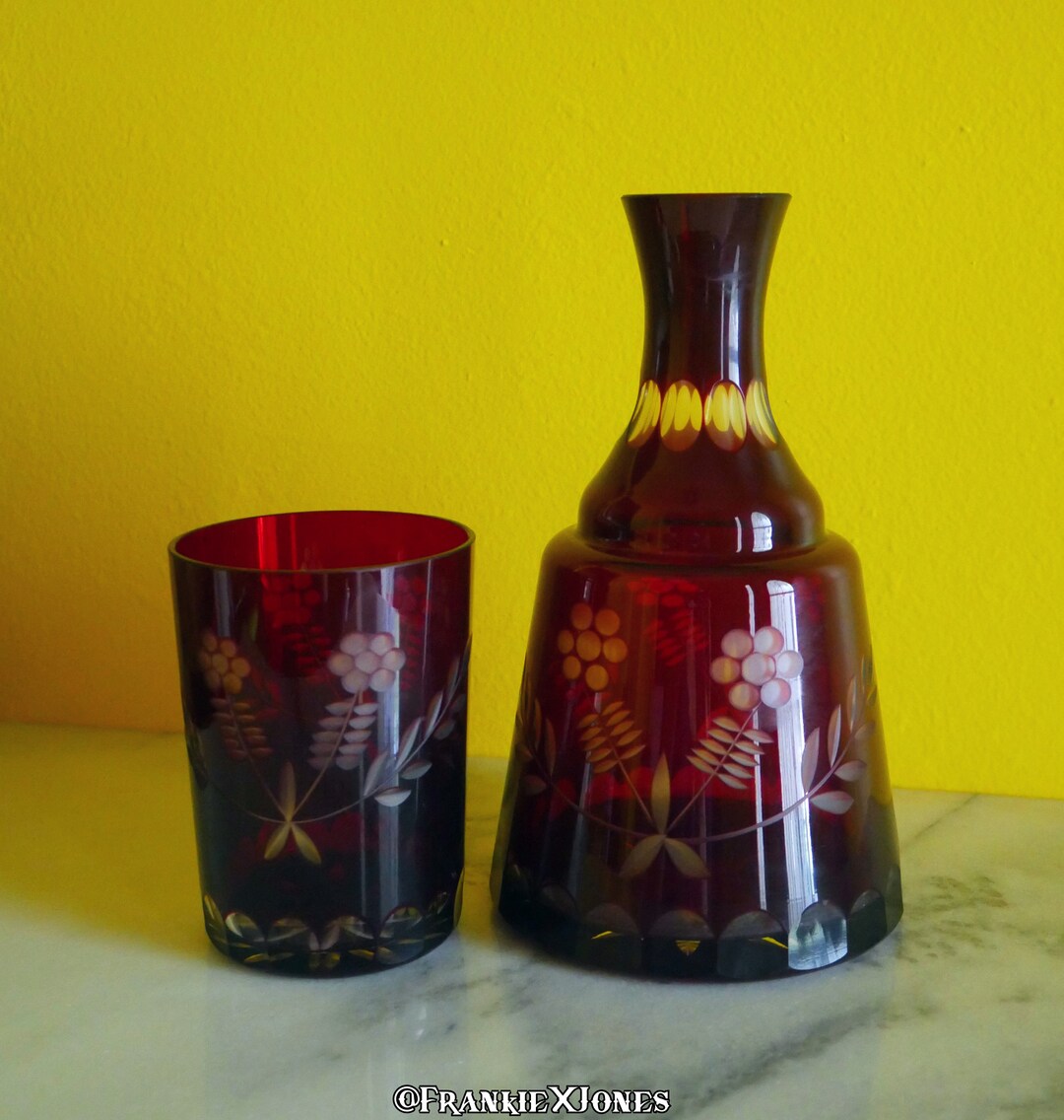 50's Etched Red Glass Carafe | Water Decanter & Cup - Etsy