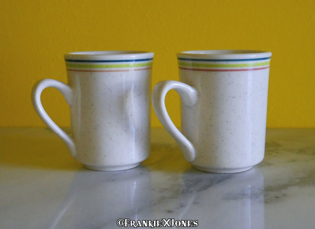 Set of 2 | 50's White Speckled Rainbow Stripe Glazed Stoneware Mugs ...