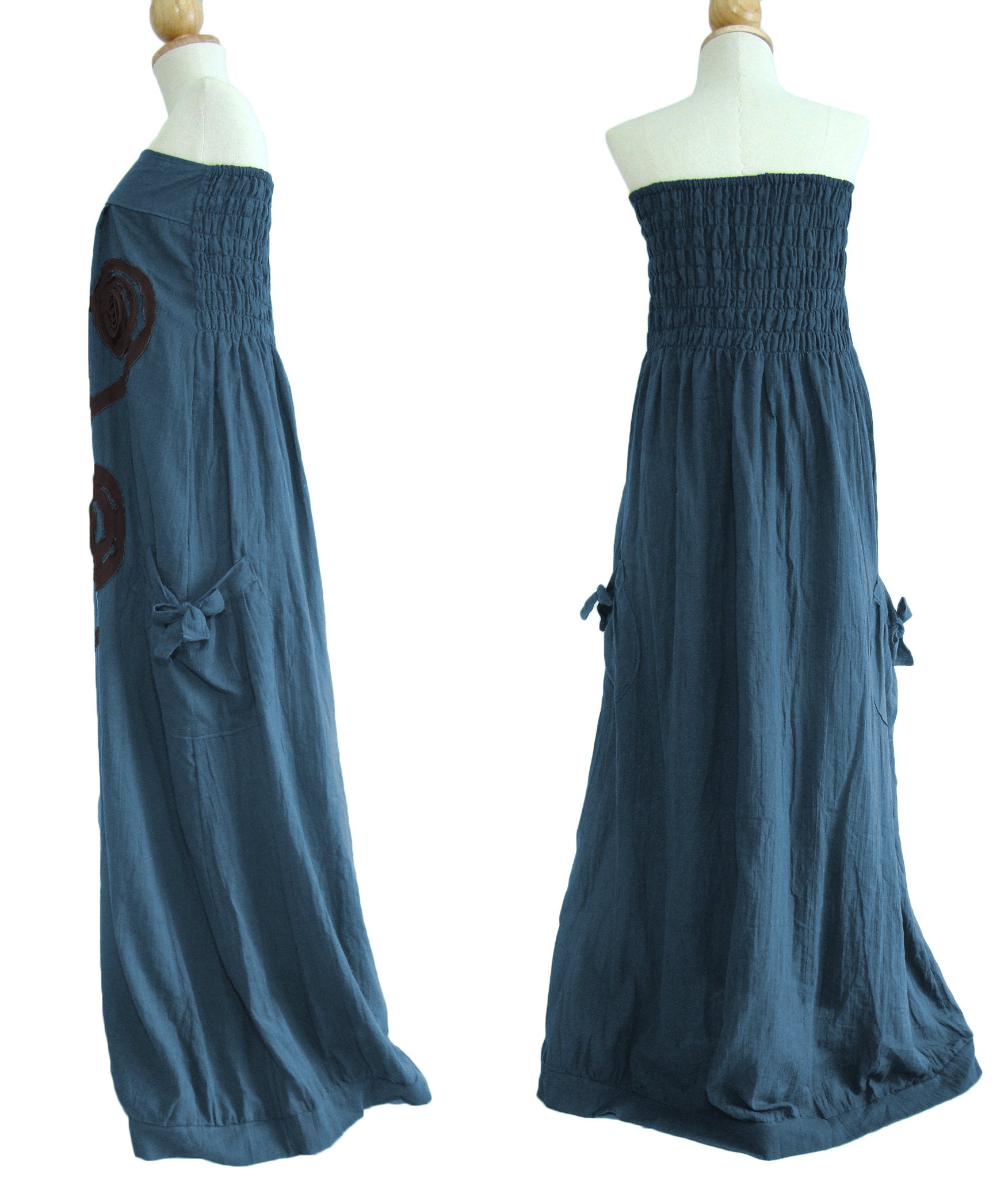 Floor Length Dress Cadet Blue Maxi Dress Summer Cotton Dress Strapless ...