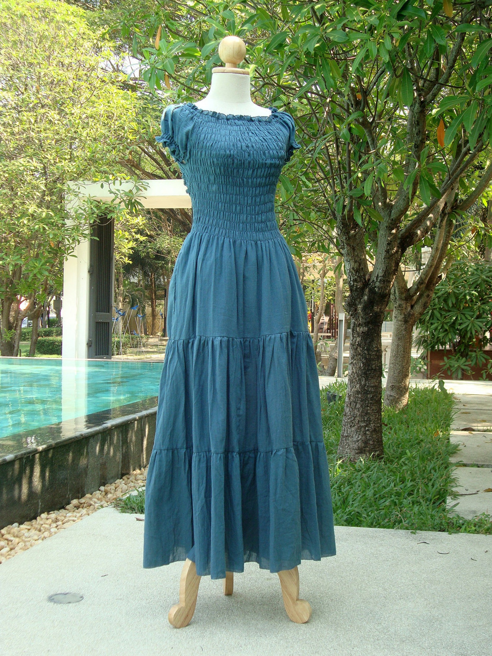 Summer Maxi Dress in Cadet Blue - Smocked Dress / off the Shoulder ...