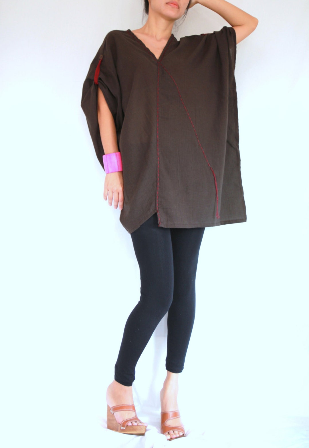 Brown Cotton Boho Tunic Top - Oversized Asymmetrical Blouse / V Neck ...