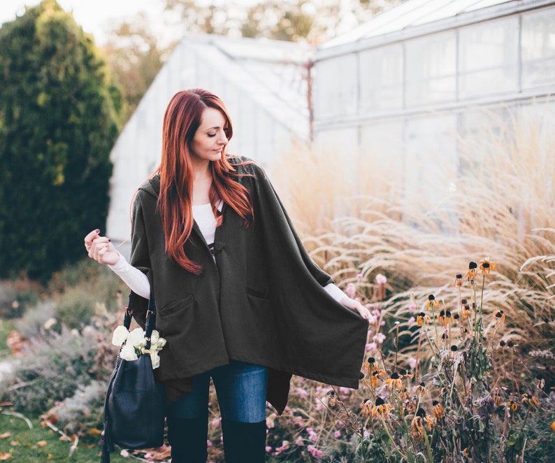 Hooded Cotton Coat Cloak in Dark Grey / Grey Hooded Jacket / Large Cape ...