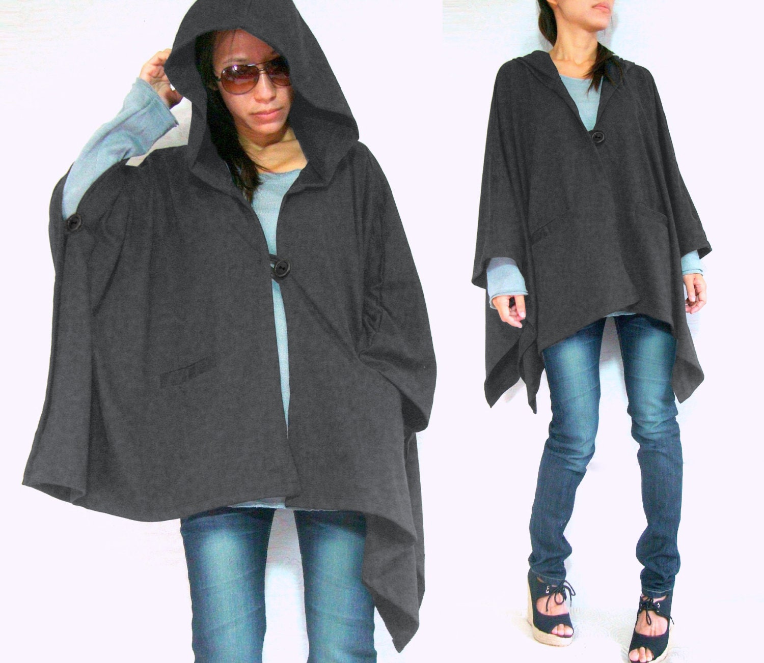 Hooded Cotton Coat Cloak in Dark Grey / Grey Hooded Jacket / Large Cape ...