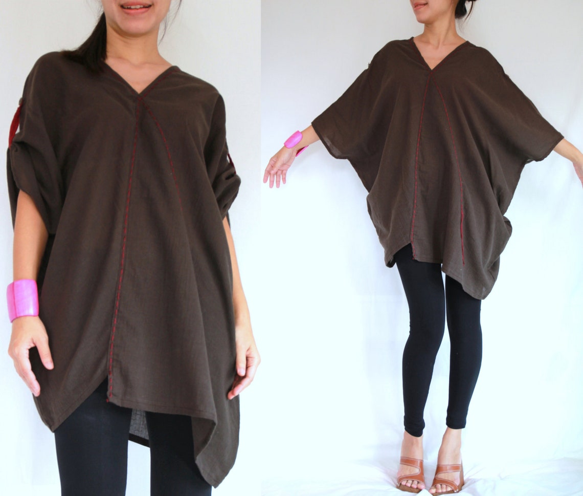 Brown Cotton Boho Tunic Top - Oversized Asymmetrical Blouse / V Neck ...