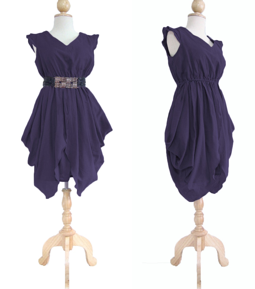 Purple Cotton Mini Dress: Pleated V-neck Cocktail Dress in Layer ...