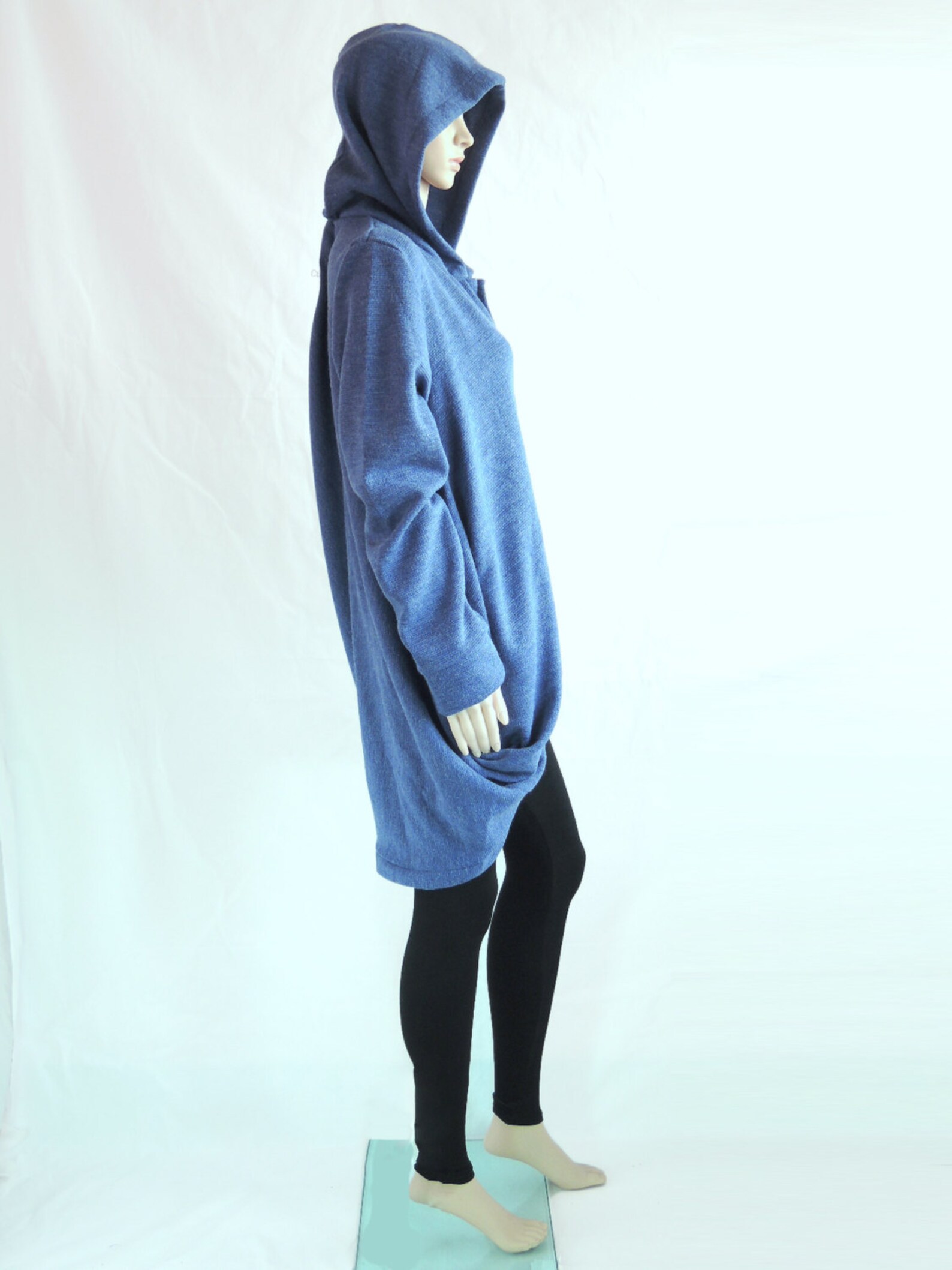 Knee Length Hooded Jacket Long Coat in Blue Oversized Sweater Jacket ...