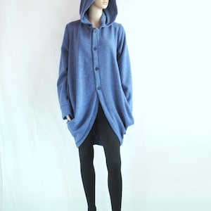 Knee Length Hooded Jacket Long Coat in Blue Oversized Sweater Jacket ...