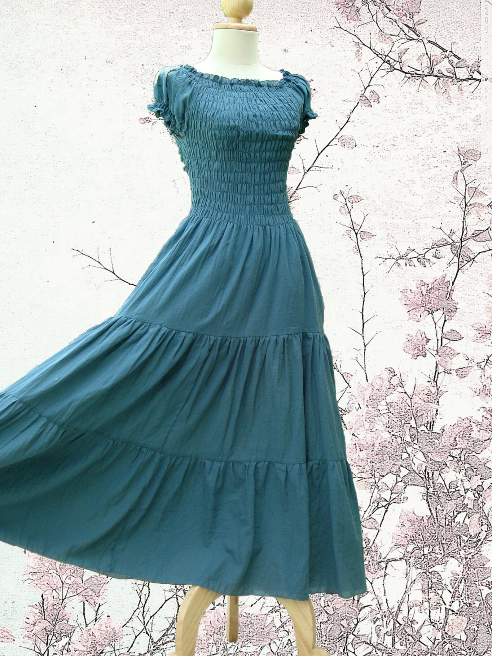 Summer Maxi Dress in Cadet Blue - Smocked Dress / off the Shoulder ...