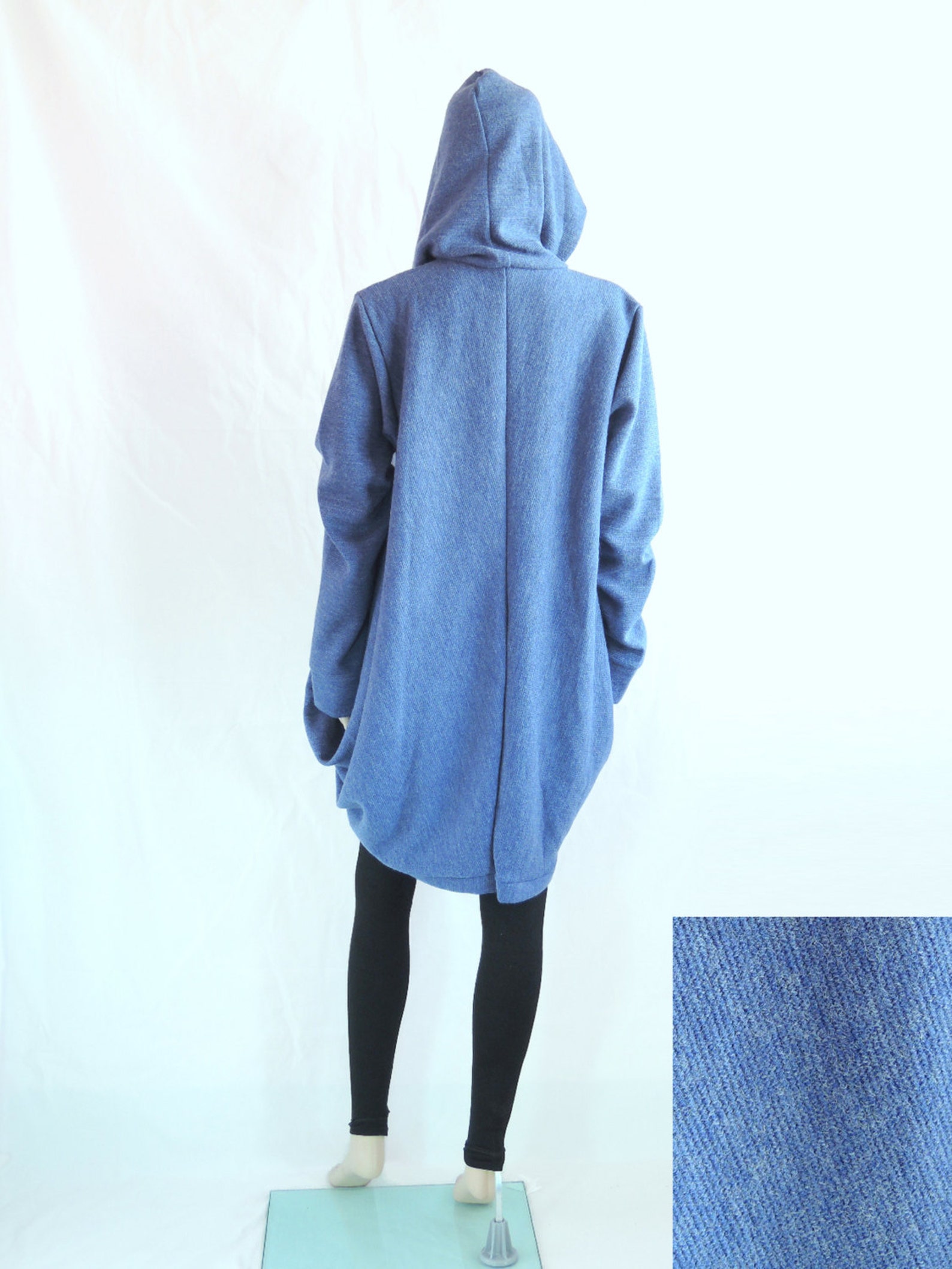 Knee Length Hooded Jacket Long Coat in Blue Oversized Sweater Jacket ...