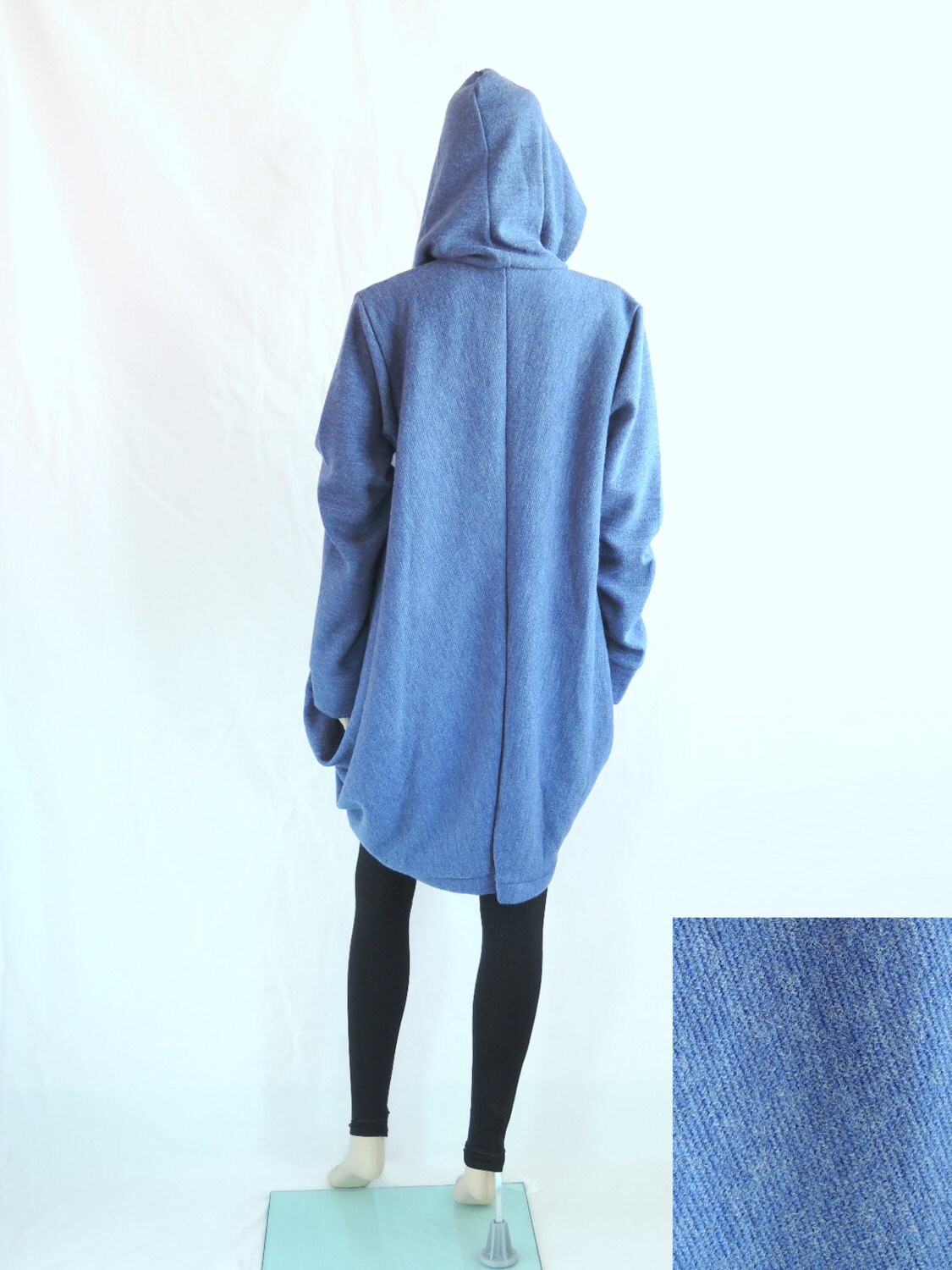 Knee Length Hooded Jacket Long Coat in Blue Oversized Sweater Jacket ...